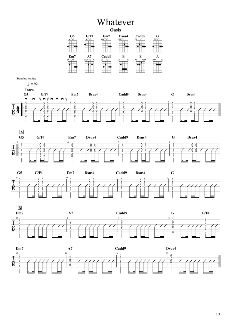 Whatever／Oasis【無料ギターTAB譜（free guitar tabs）】アコギストロークアレンジVer. | Easy ...