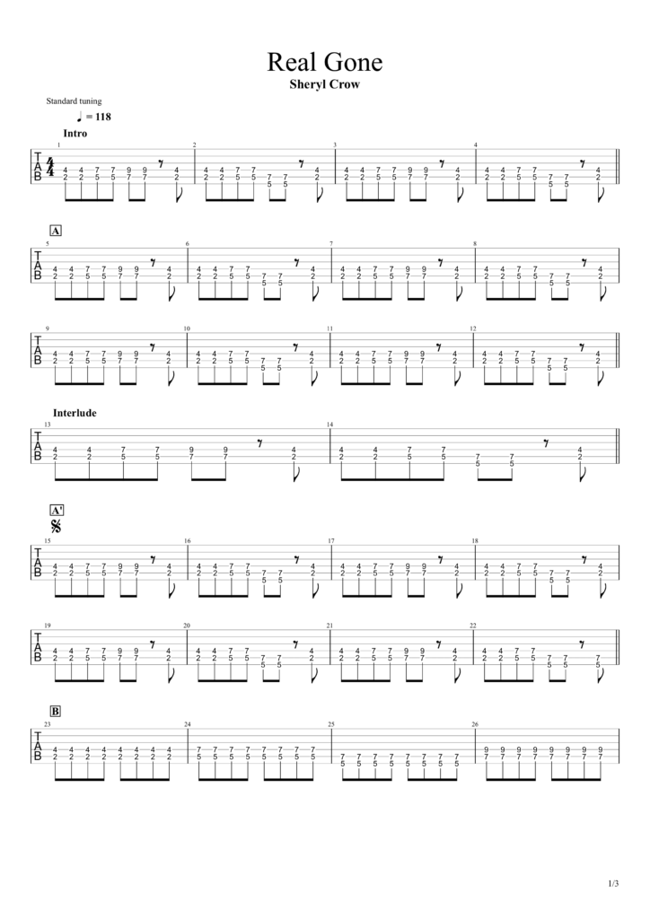 【Real Gone／Sheryl Crow】無料ギターTAB譜｜簡単パワーコードアレンジVer. | Easy-Guitar-Net