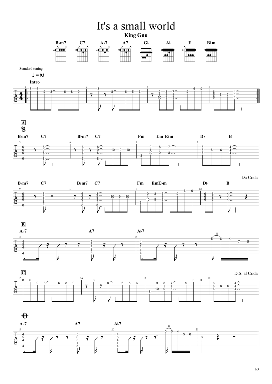 【It’s a small world／King Gnu】無料ギターTAB譜｜アコギパートざっくり完コピVer. | Easy-Guitar-Net