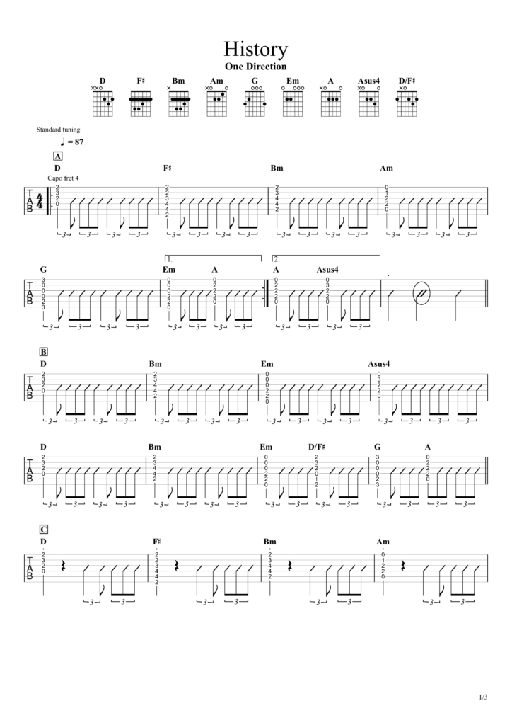【History／One Direction】無料ギターTAB譜｜コードストロークで弾くアレンジVer. | Easy-Guitar-Net