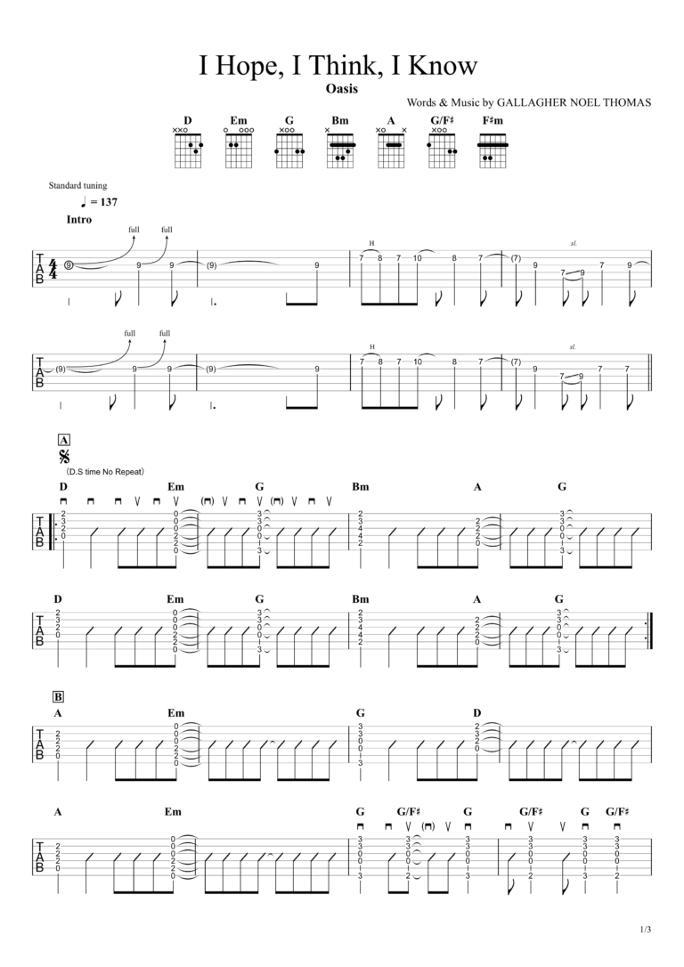 【I Hope, I Think, I Know／Oasis】無料ギターTAB譜｜イントロリードギターあり｜コードストローク中心で弾くアレンジVer. | Easy-Guitar-Net
